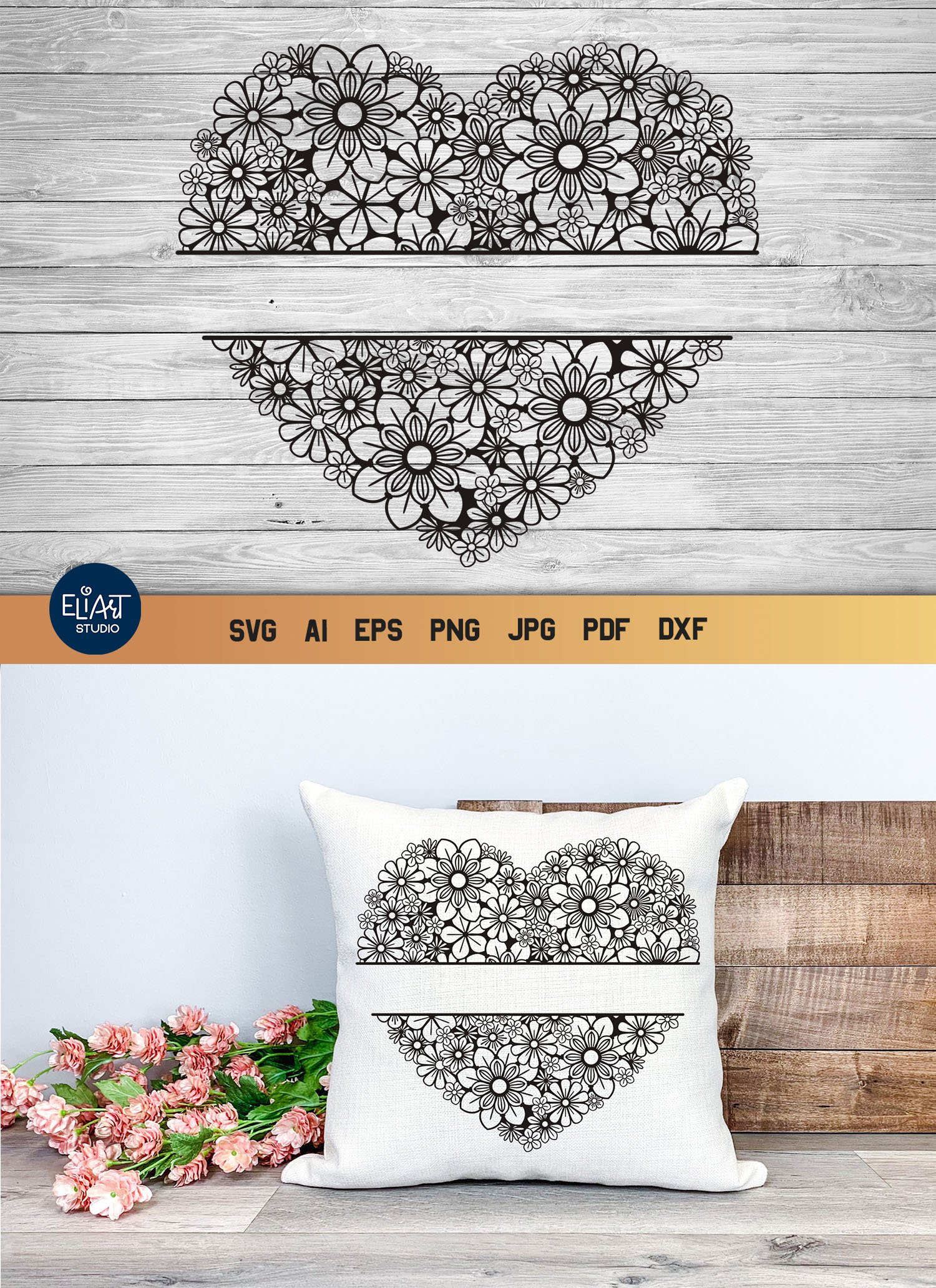 Floral Heart SVG Monogram | Heart SVG Split Monogram | Love