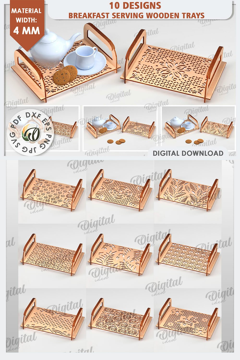 Breakfast Serving Trays Laser Cut Bundle. Wooden Trays SVG