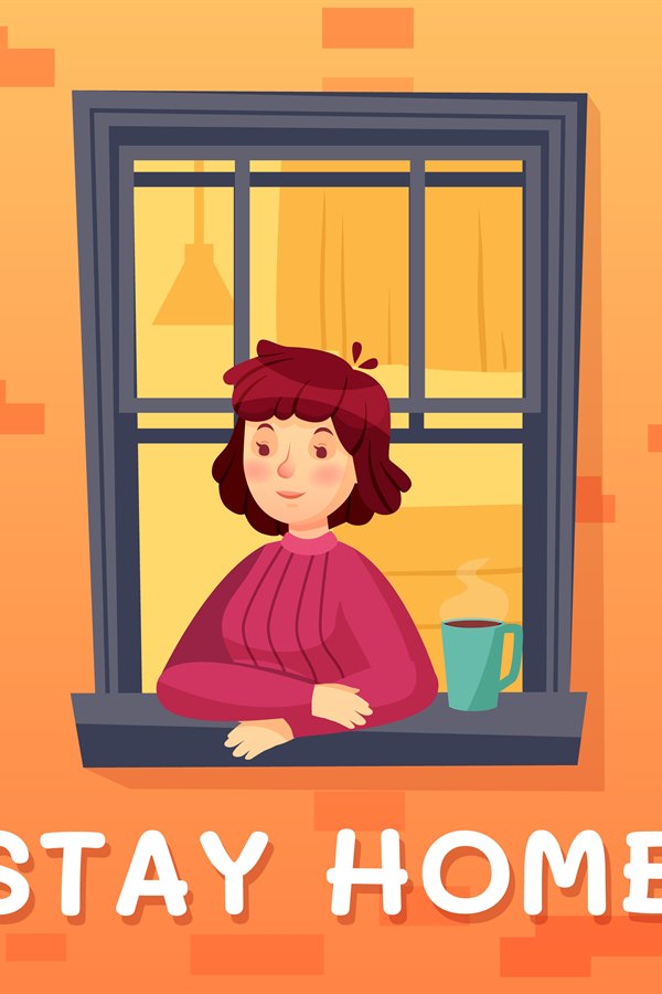 Stay home card. Girl self isolation in room with cup of coff