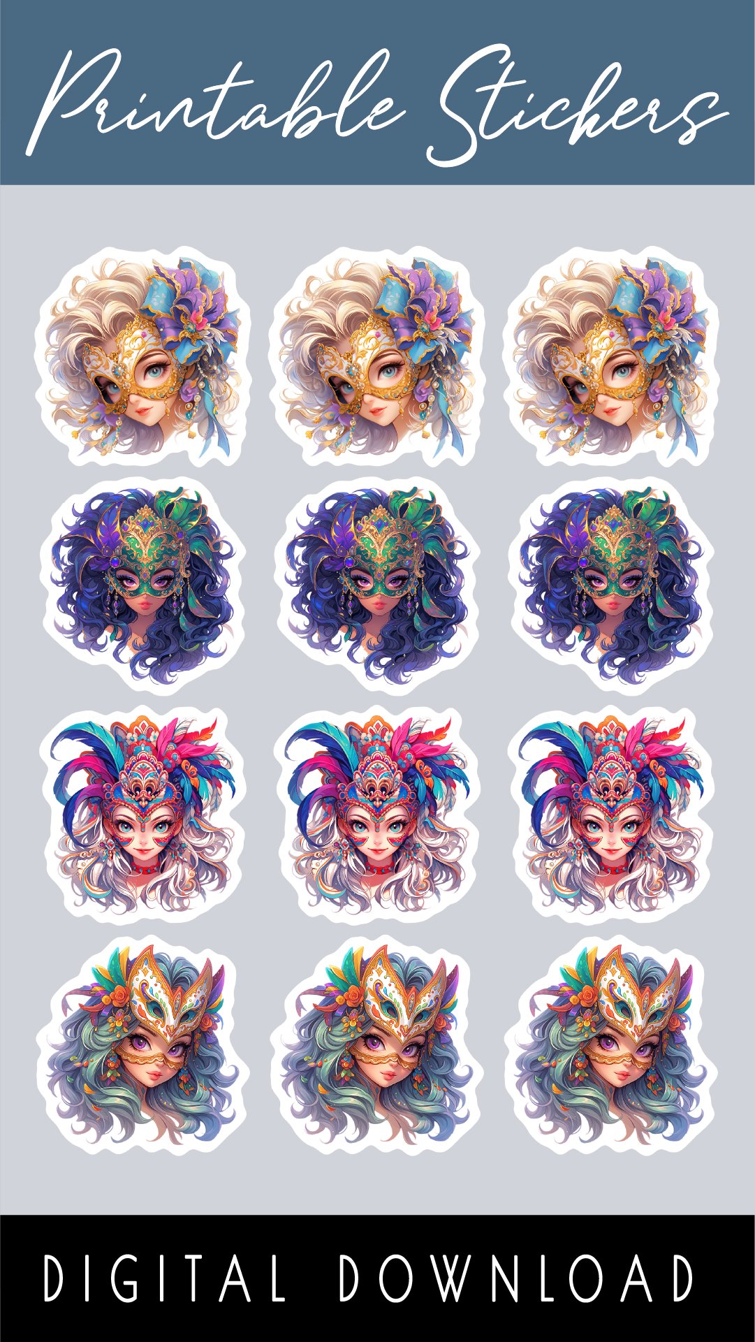 Mardi Gras Sticker Sheet, Fashion Dolls Digital Stickers