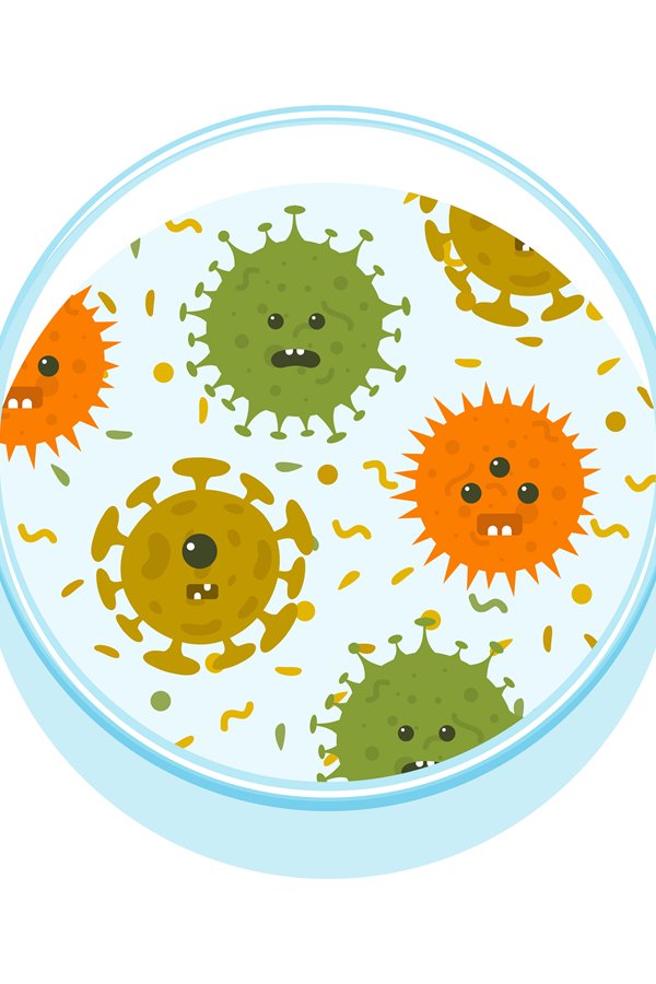 Petri dish with cartoon microbes