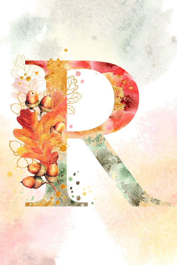 Fall Watercolor Letter, Monogram R clipart JPG PNG