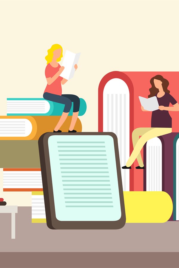 Man and woman reading books. Book festival vector poster