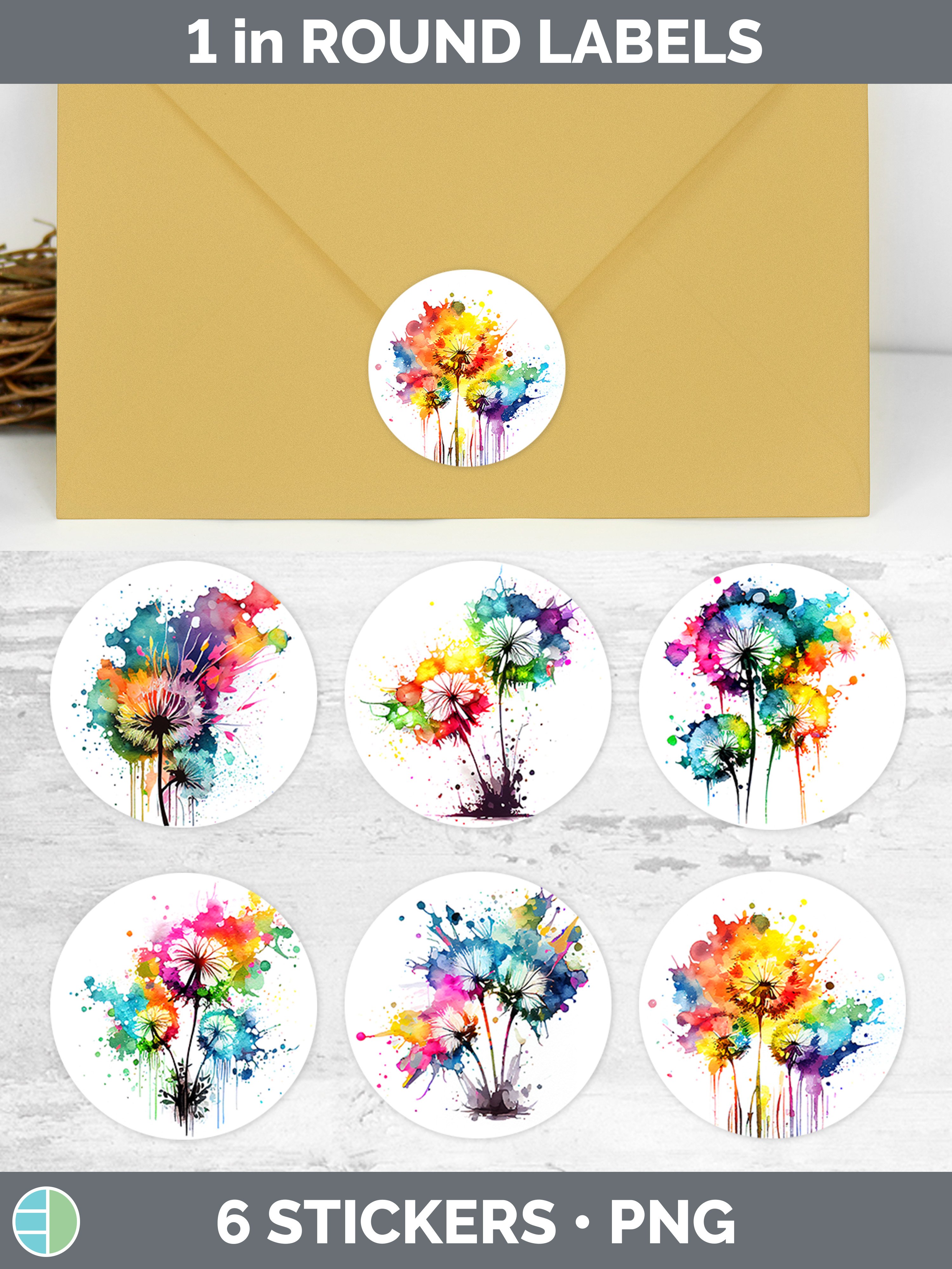 Rainbow Dandelion Flowers Stickers | Round Labels Designs Bu