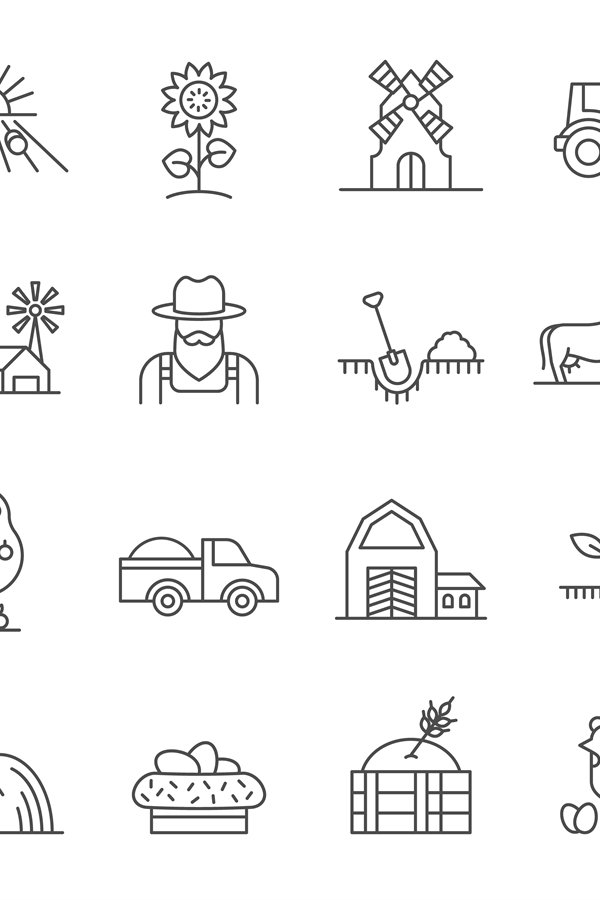 Farm line icon, tractor, farmer, fields and straw. Agricultu