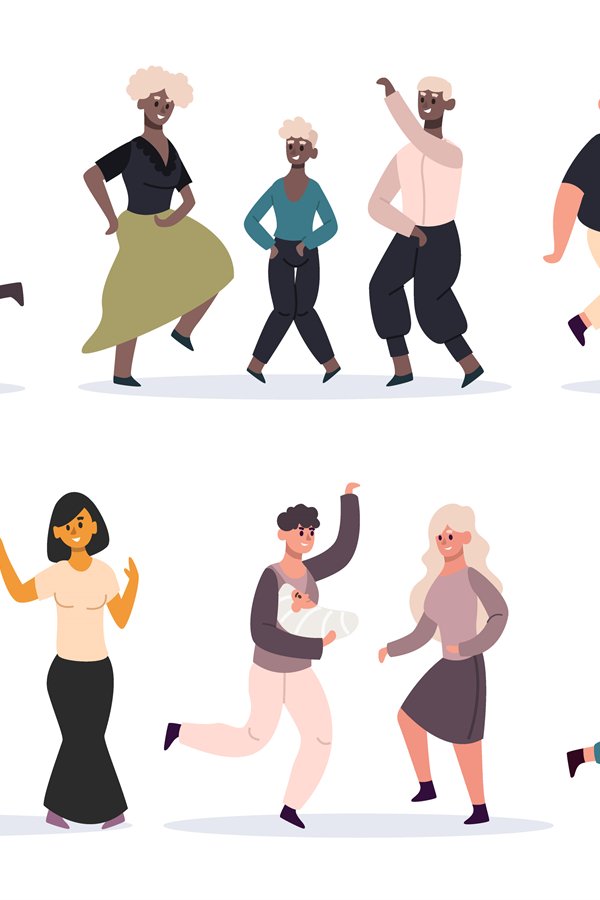 Happy dancing families. Parents dancing with children, mom,