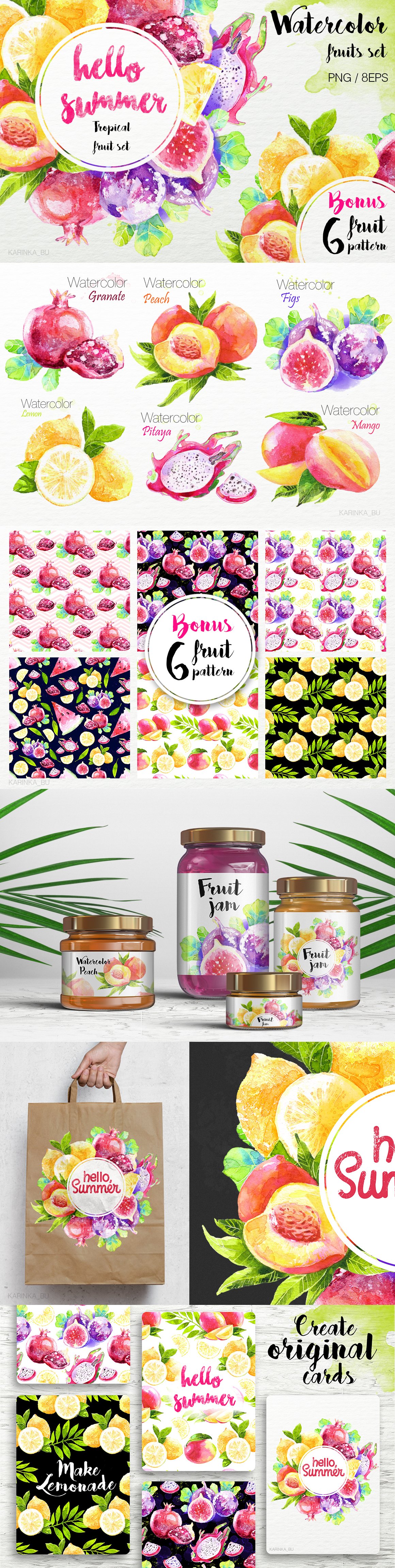 Watercolor Tropical Fruit Clipart set & watercolor patterns