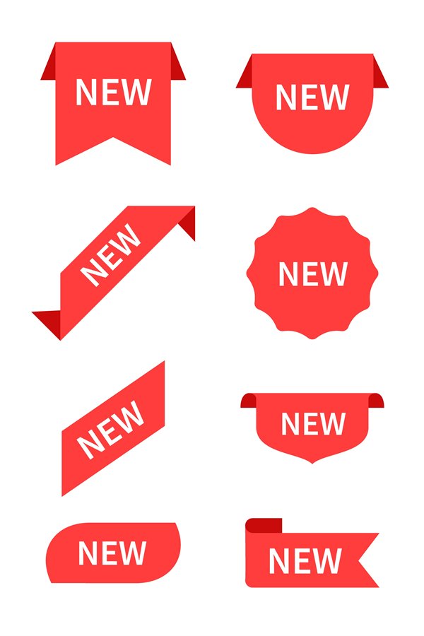 New arrival. Red product labels, retail messages. Product ta