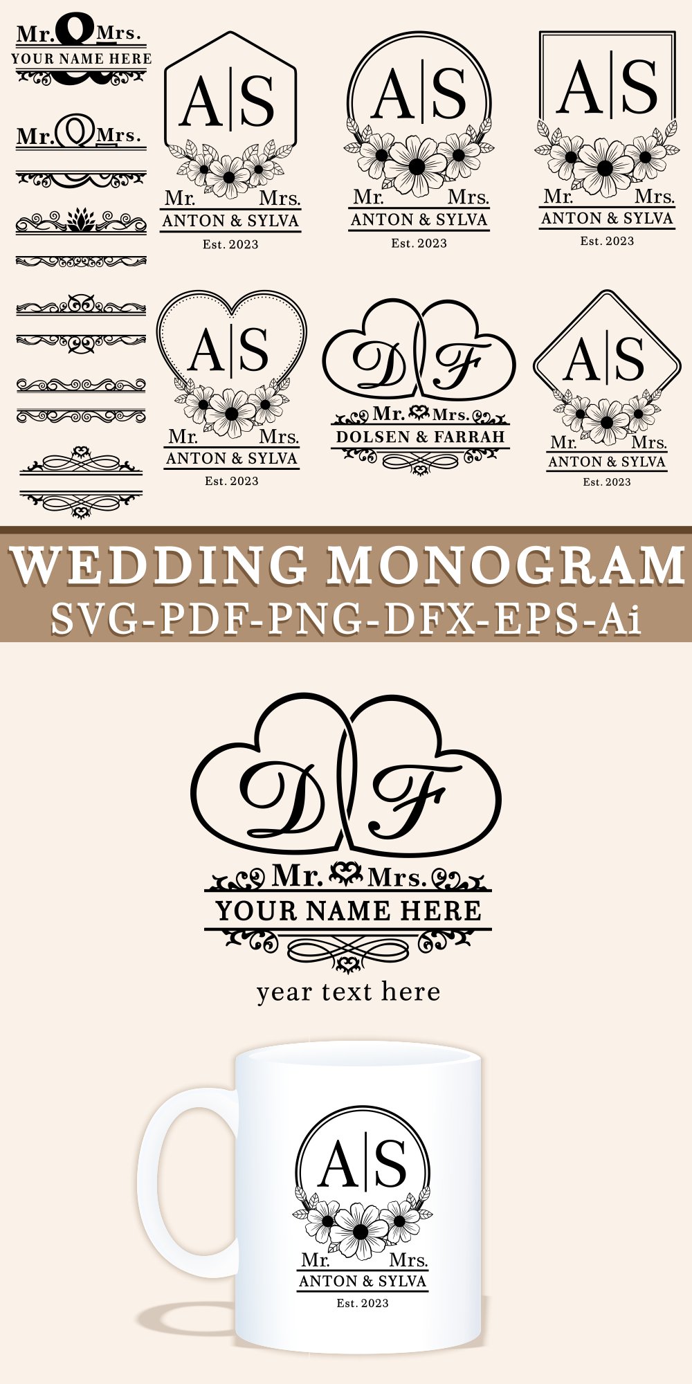 Wedding Monogram Svg Designs Bundle, Family Name Sign Svg