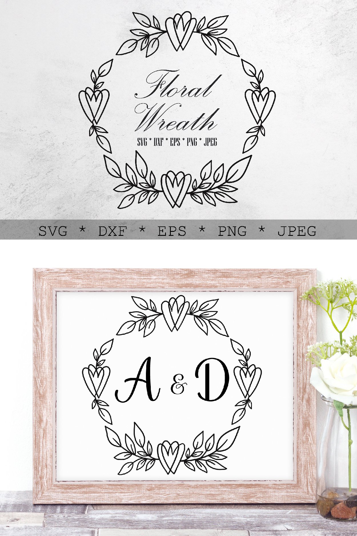 Floral Wreath Svg. Hearts and Leaves Frame Png Clipart.