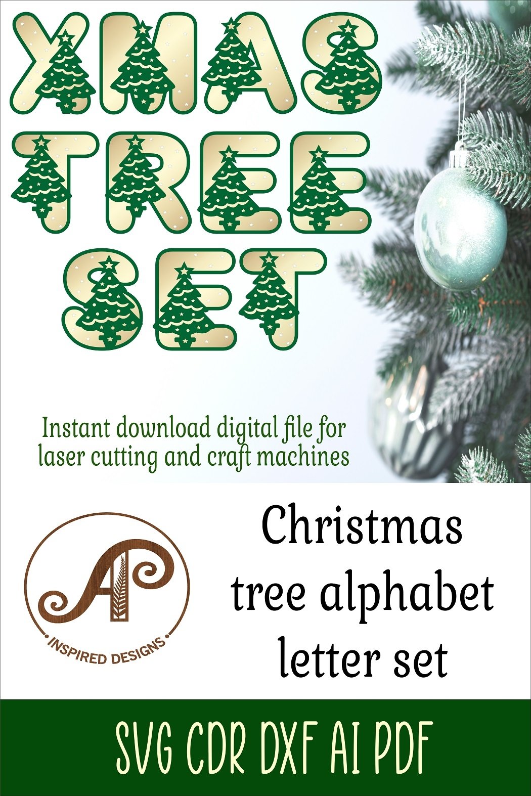 Christmas tree letters alphabet set. 26 layered letter