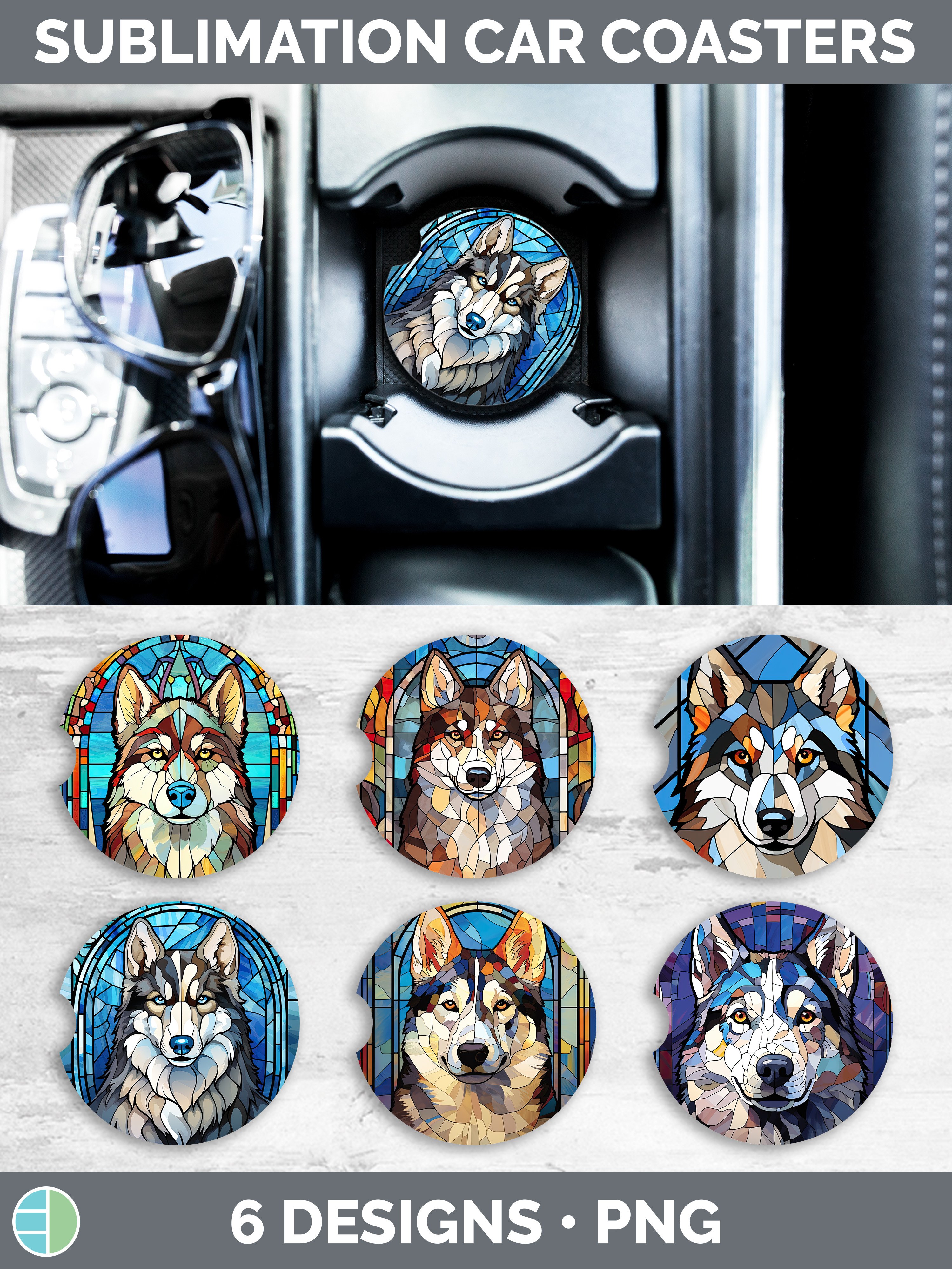 Stained Glass Husky Dog Car Coaster | Sublimation Coaster De