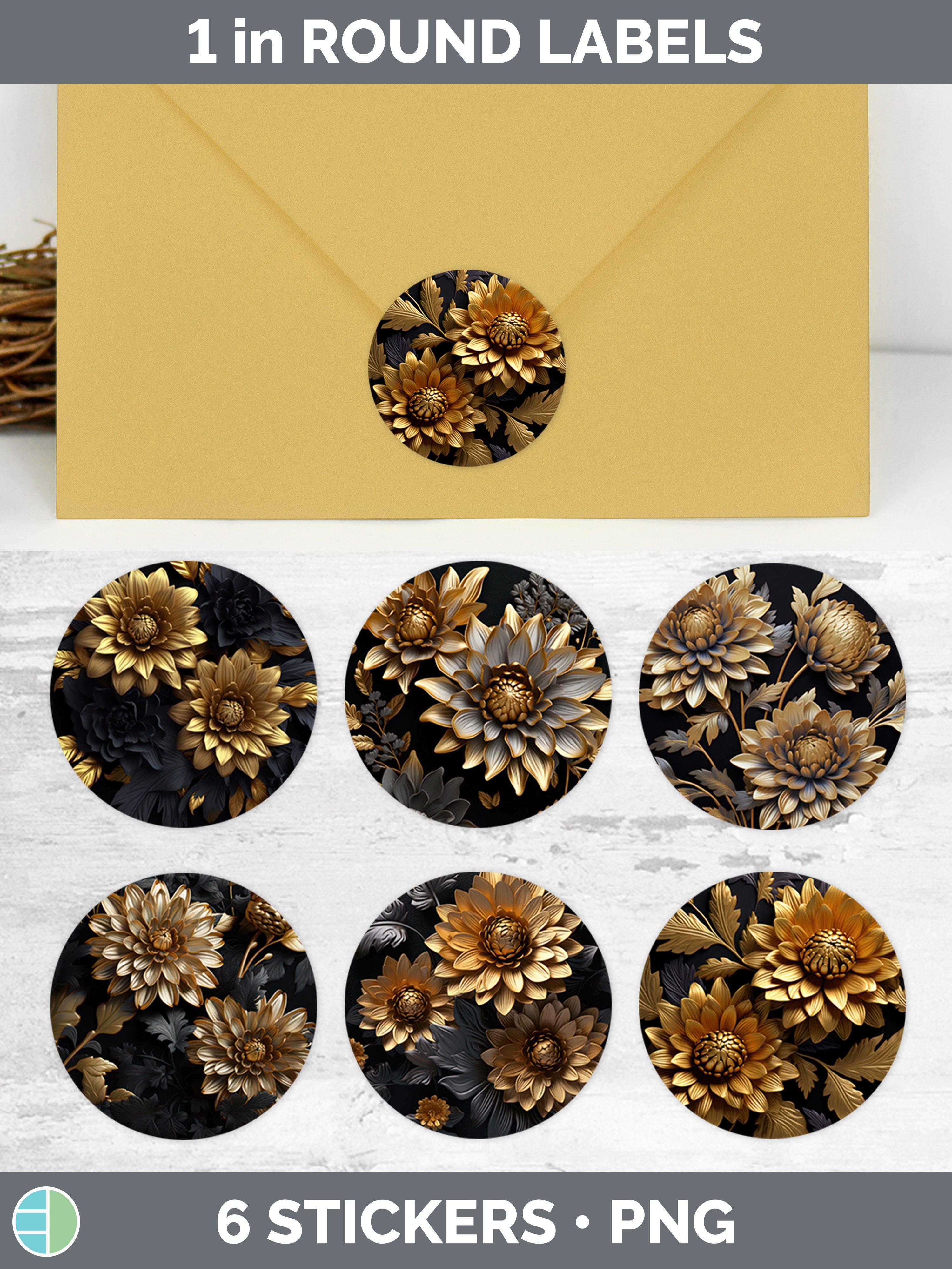 3D Elegant Chrysanthemum Flowers Stickers | Round Labels Des