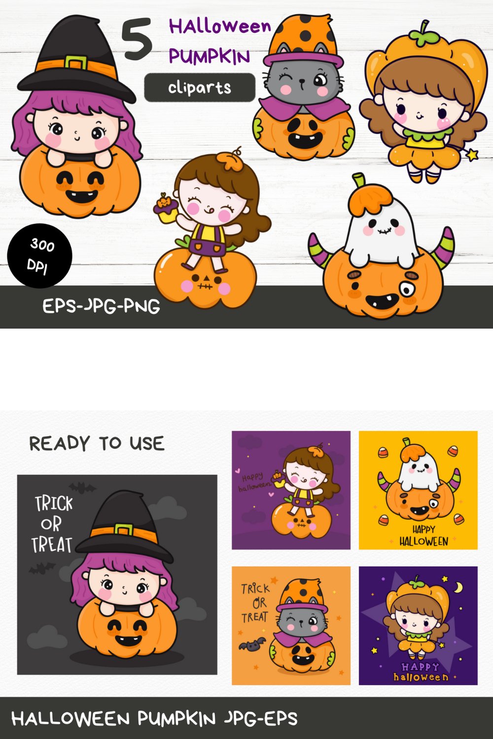 Halloween Watercolor. Halloween cartoon Kawaii clipart