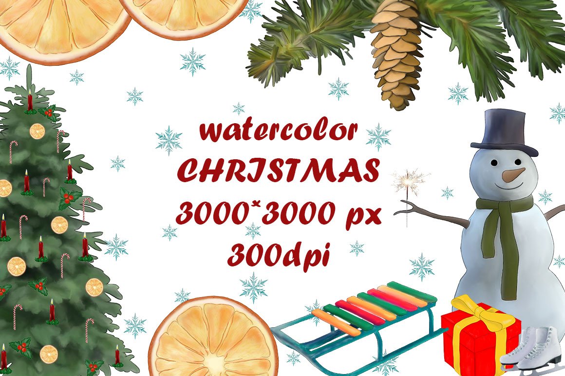 Christmas watercolor clipart Happy New Year PNG 300 DPI