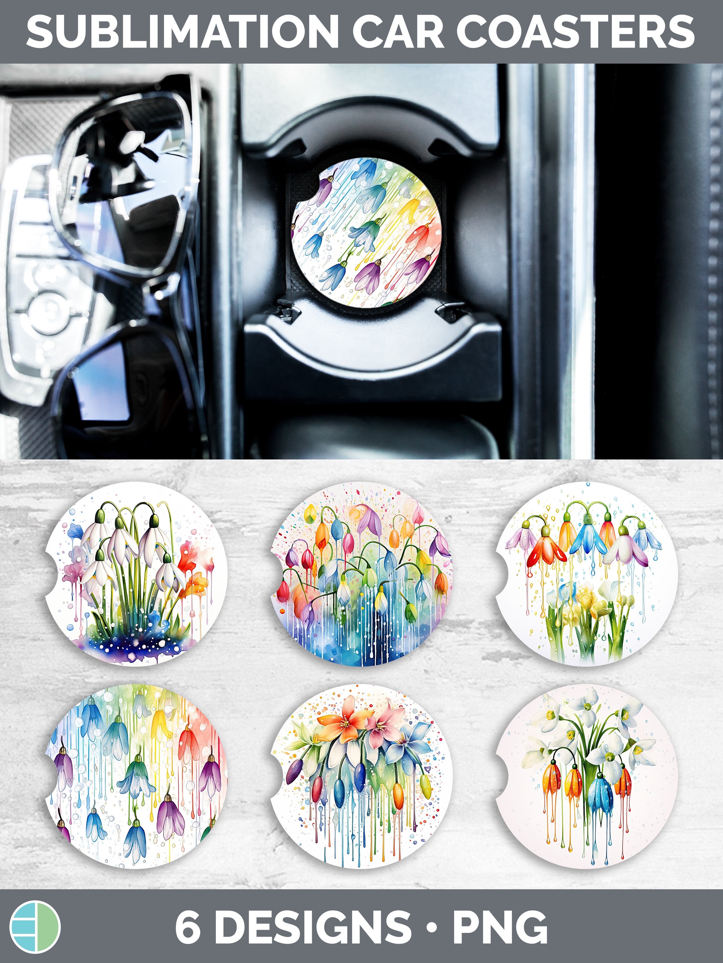 Splat Rainbow Snowdrop Flowers Car Coaster | Bundle Coaster