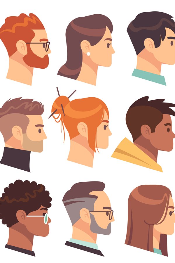 Flat heads in profile. Different human heads, male and femal