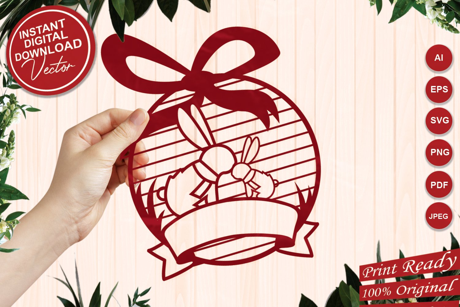 Rabbit with Baby Round Ornament with Label Tag Ribbon