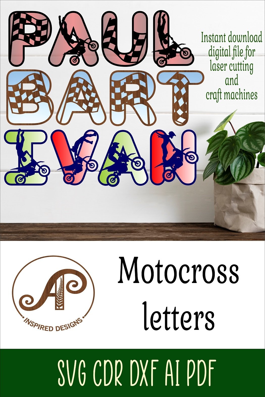Motocross alphabet set. 2 layer 56 motorbike and flag letter