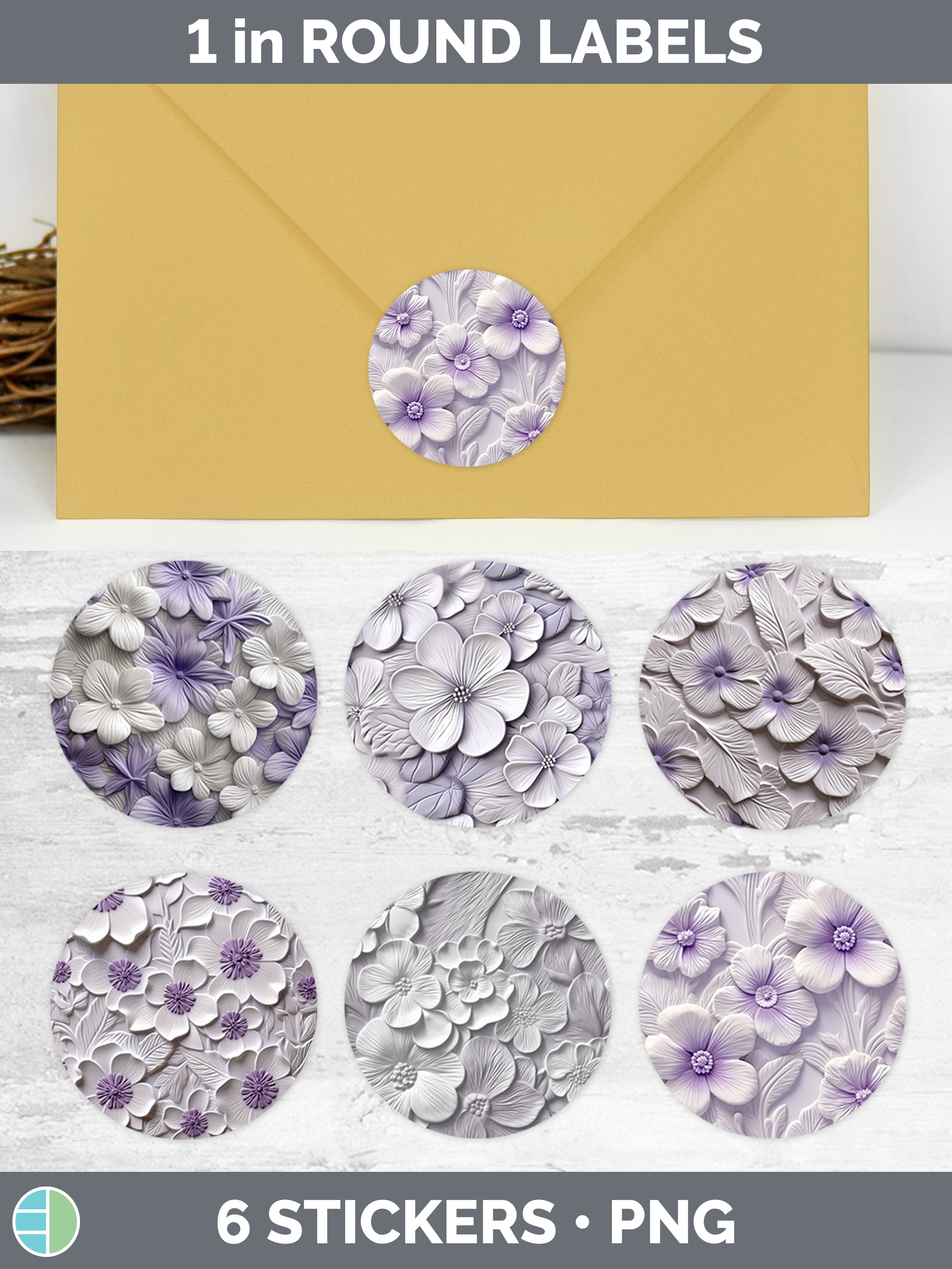 3D Violet Flowers Stickers | Round Labels Designs Bundle