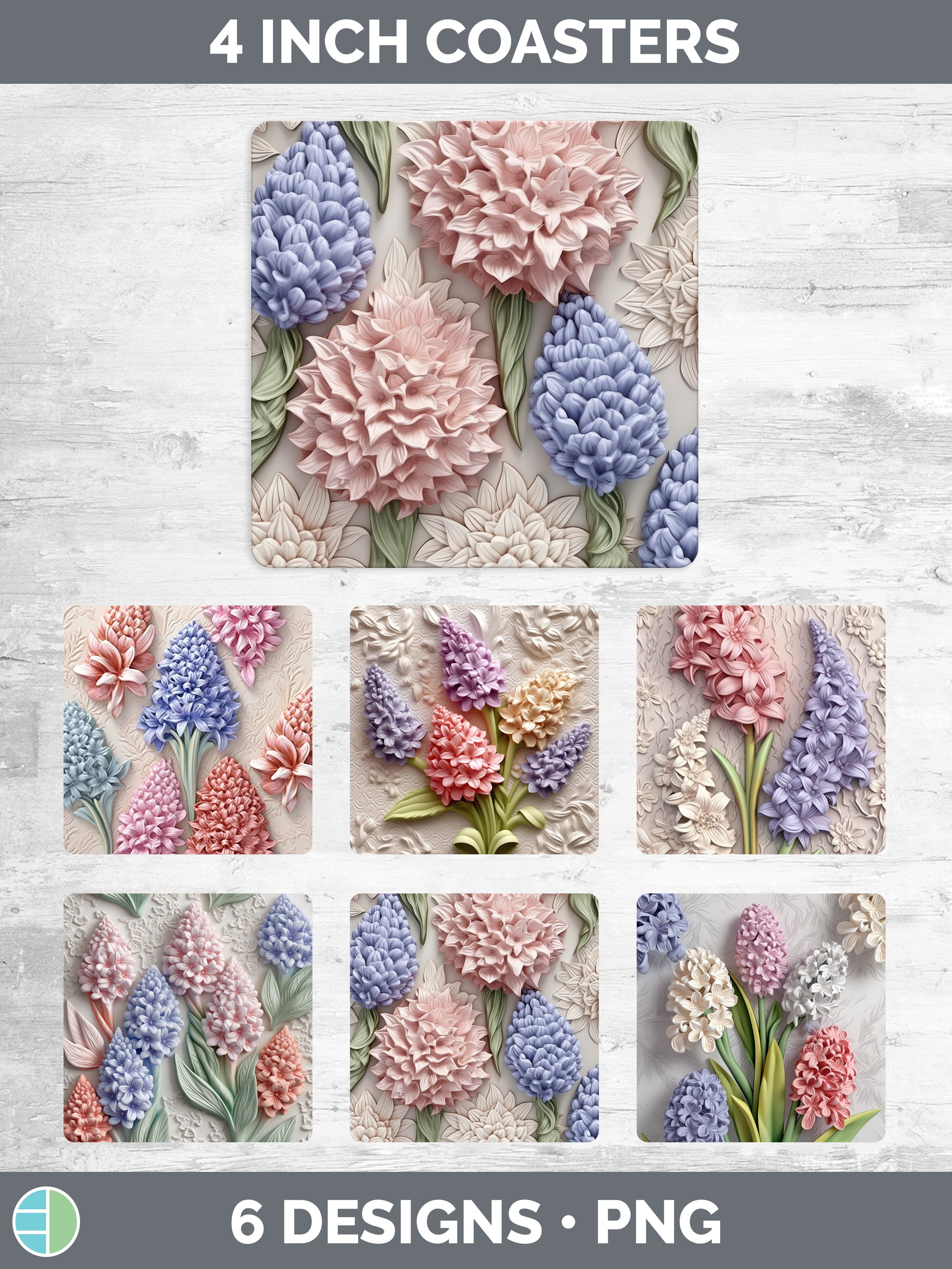3D Hyacinth Flowers Square Coaster | Sublimation Coaster Des