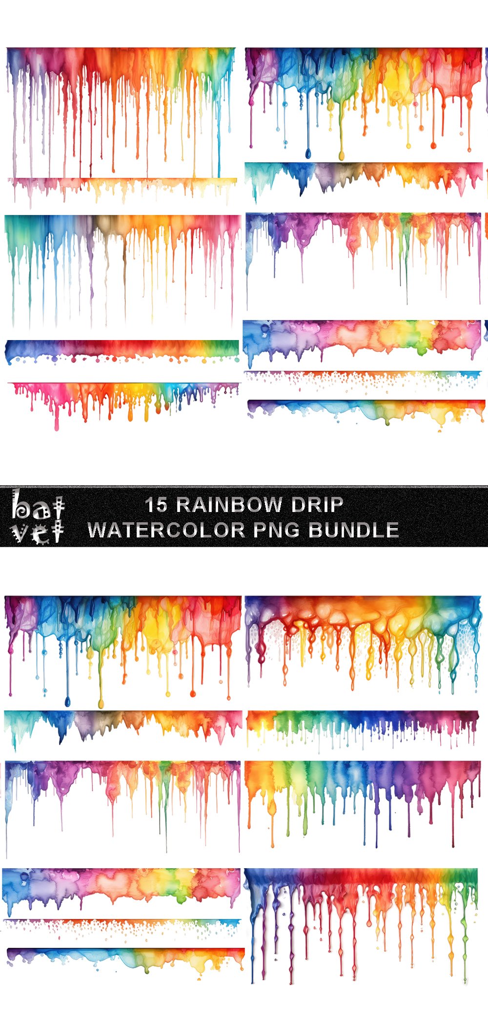 Watercolor Rainbow Drip Clipart Bundle | Rainbow Drip Border