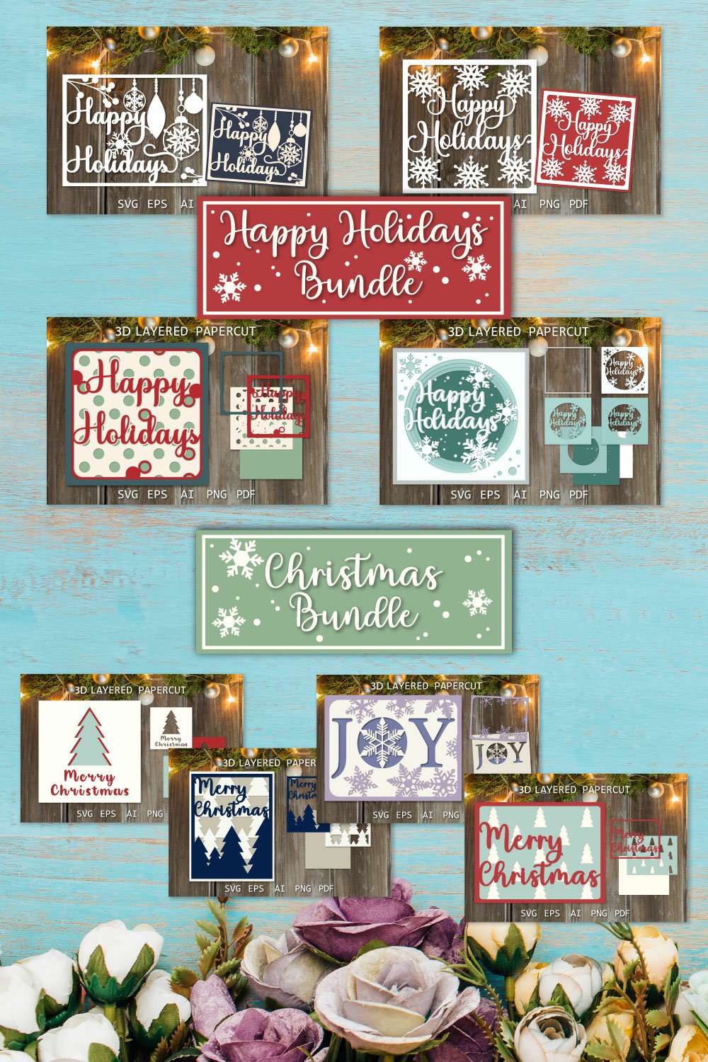Christmas and Happy Holidays Bundles, Papercut cards SVG