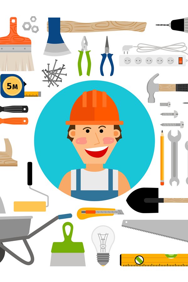 Male worker with working and construction tools
