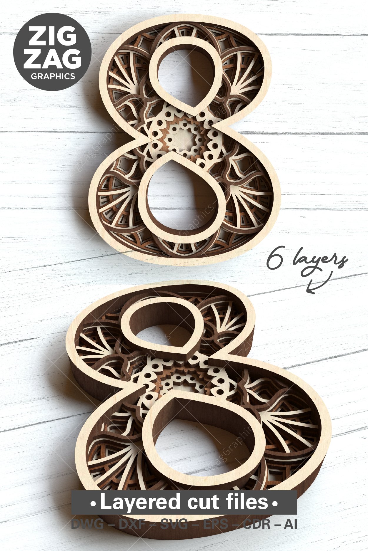 3D Layered mandala Number 8 svg cut file