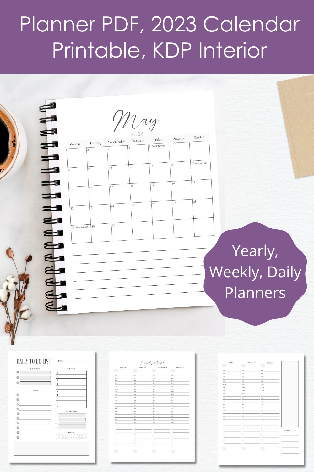 Planner PDF, 2023 Calendar Printable, KDP Interior