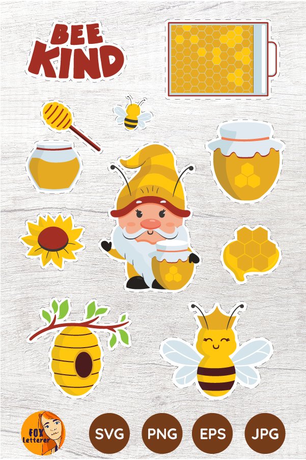 Printable stickers with bee and gnome. Bee svg, png