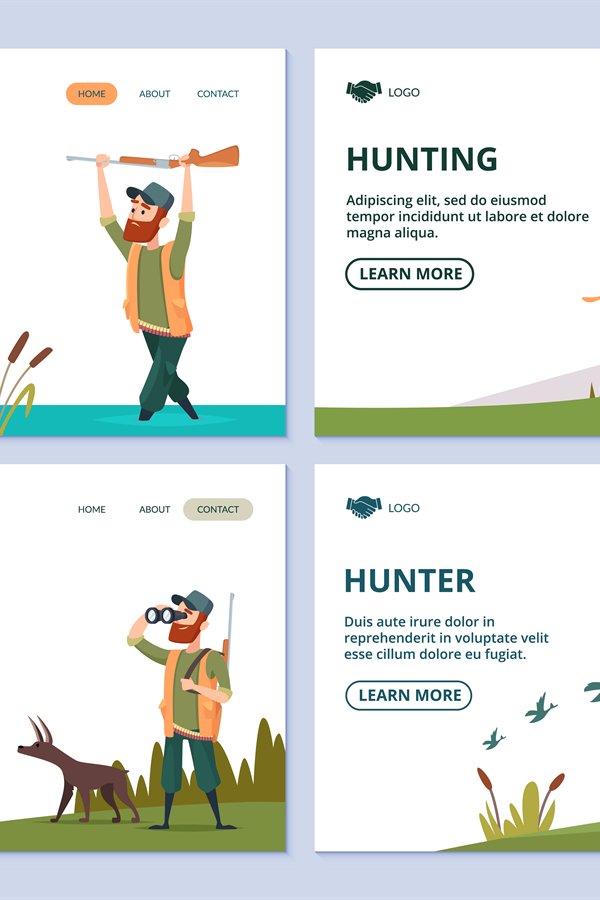 Hunting web pages. Hunter with gun, dog, ducks vector banner