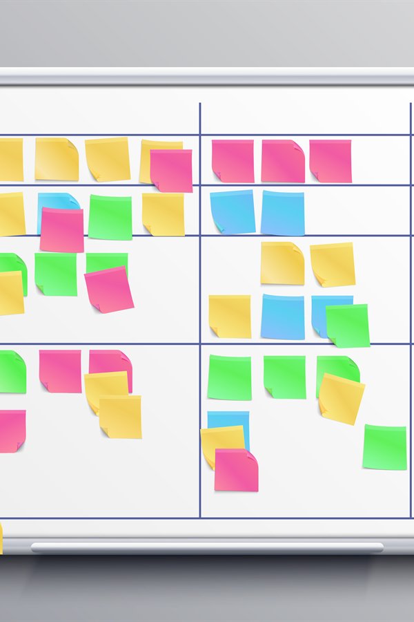 Meeting white board with color stickers. Scrum task board wi