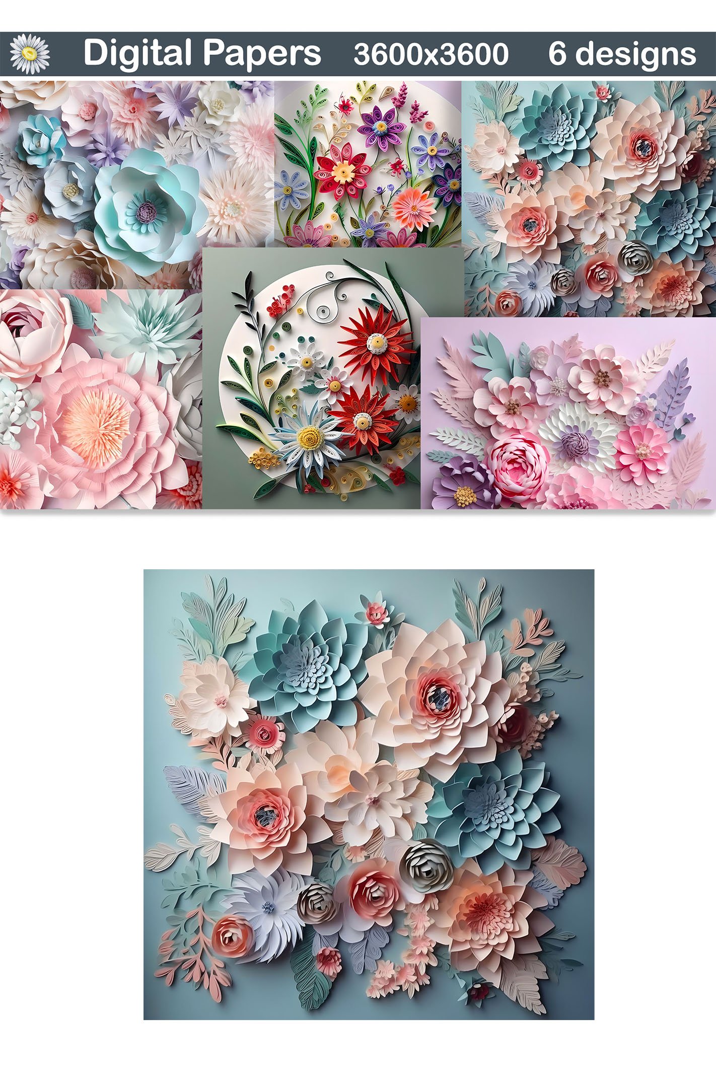 Pastel Flowers 3D Digital Paper | Flower Quilling Background