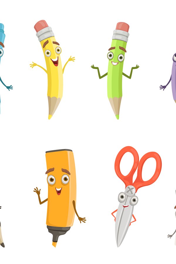 Cartoon characters of different drawing tools. Pencils, pen