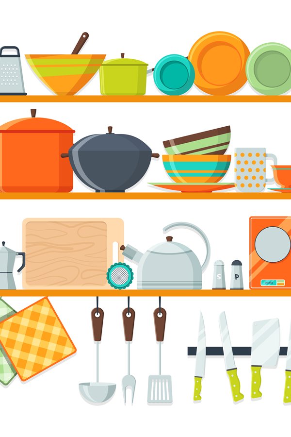 Kitchen tools and restaurant equipment on shelves