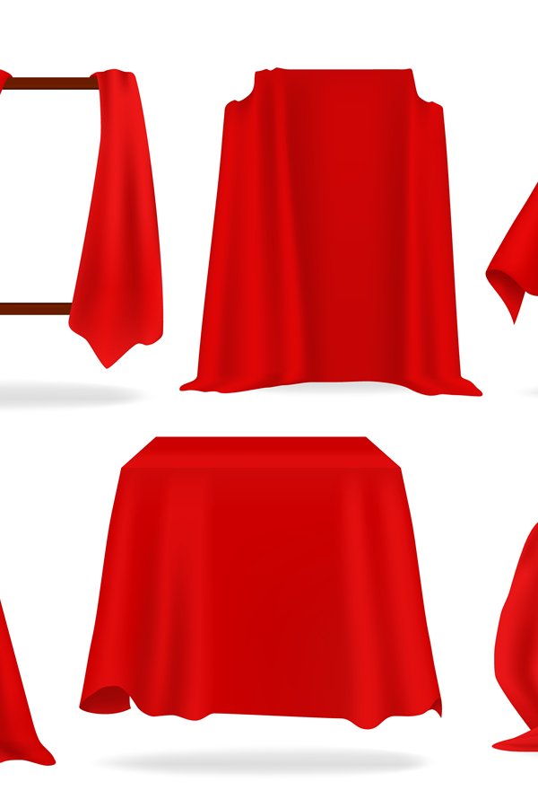 Red silk cover. 3D opened curtains, realistic covered with r