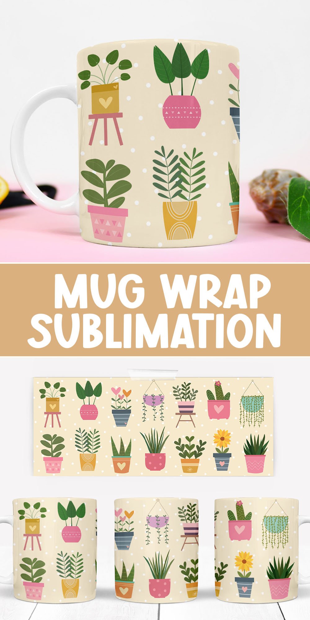 Potted House Plants Mug Wrap Sublimation Design
