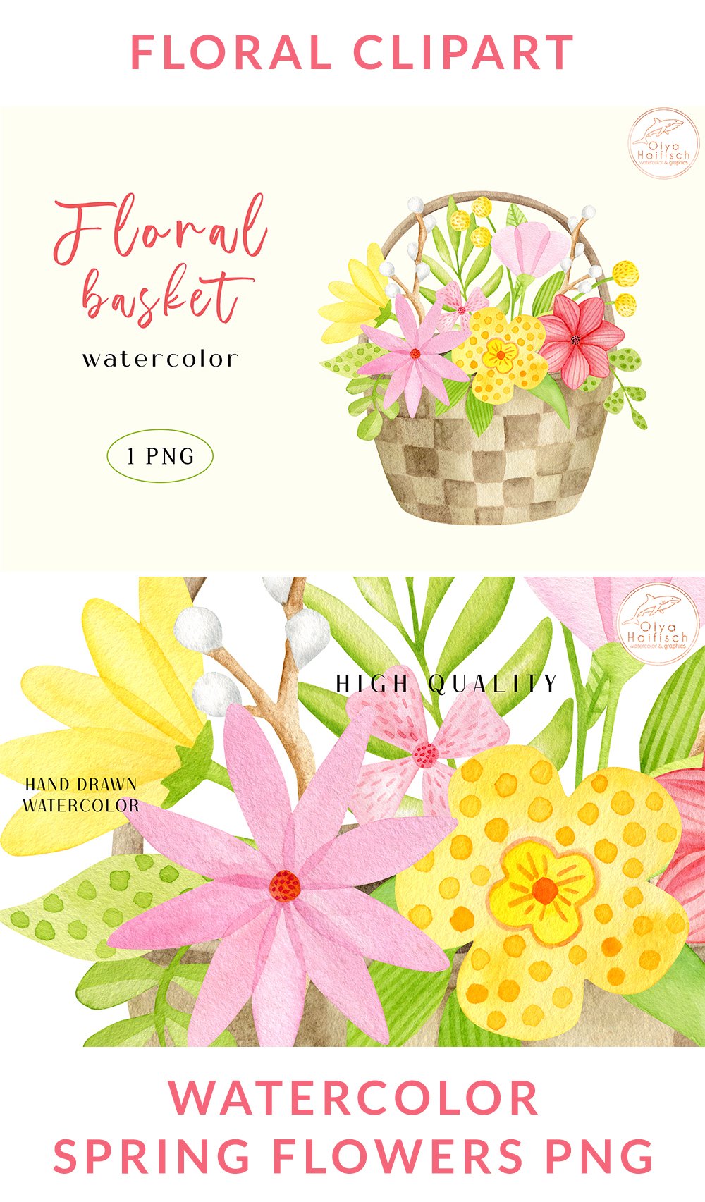 Watercolor Floral Basket PNG. Spring Flowers Sublimation PNG