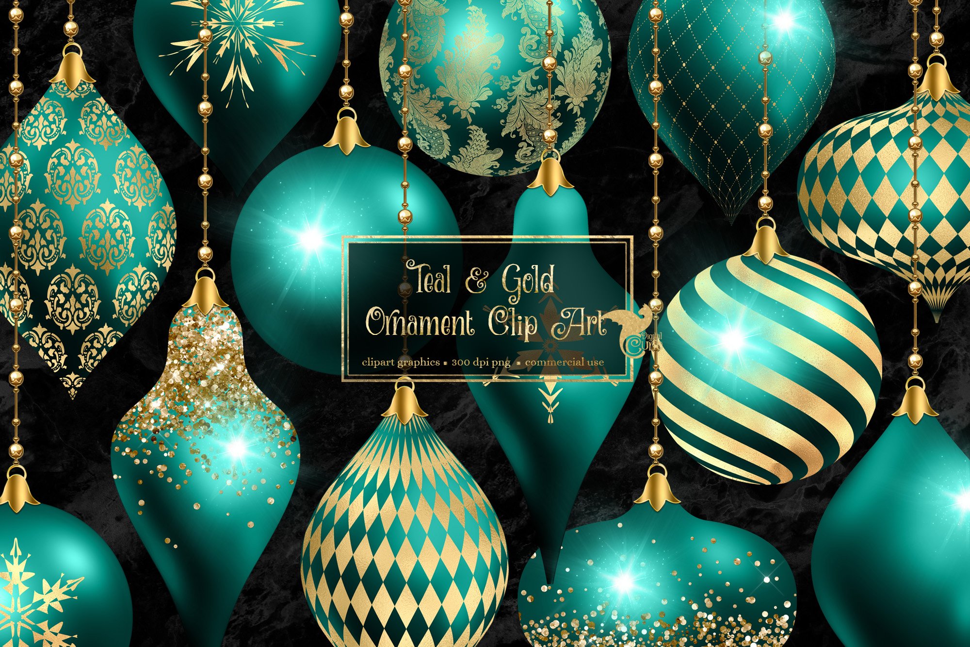 Teal and Gold Ornament Clipart