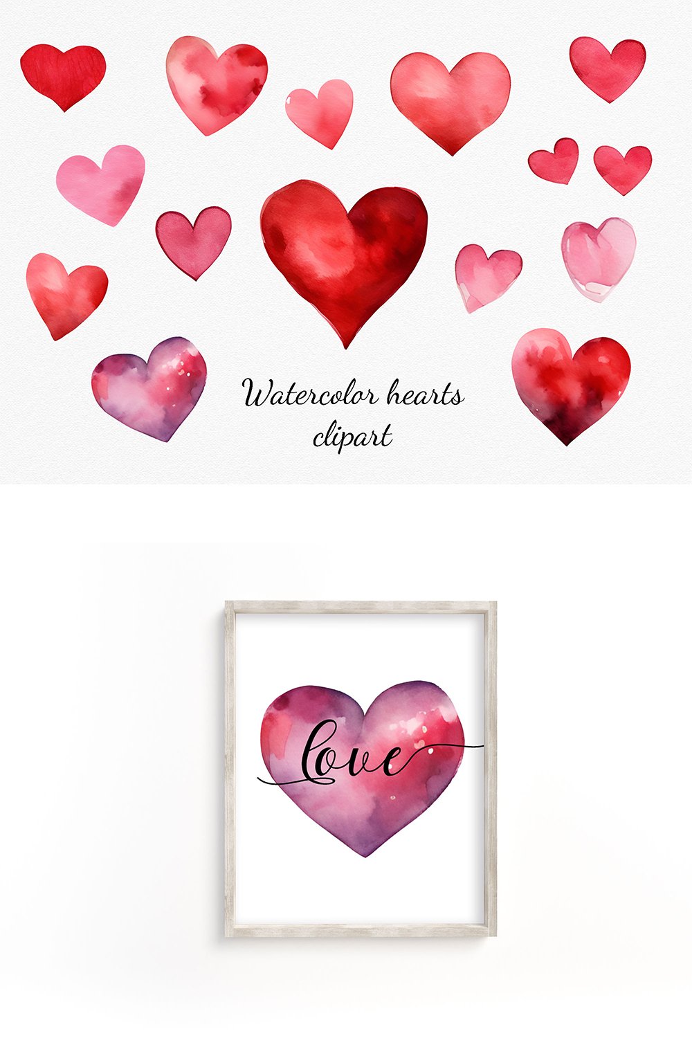 Watercolor red and pink hearts clipart. Valentines Day