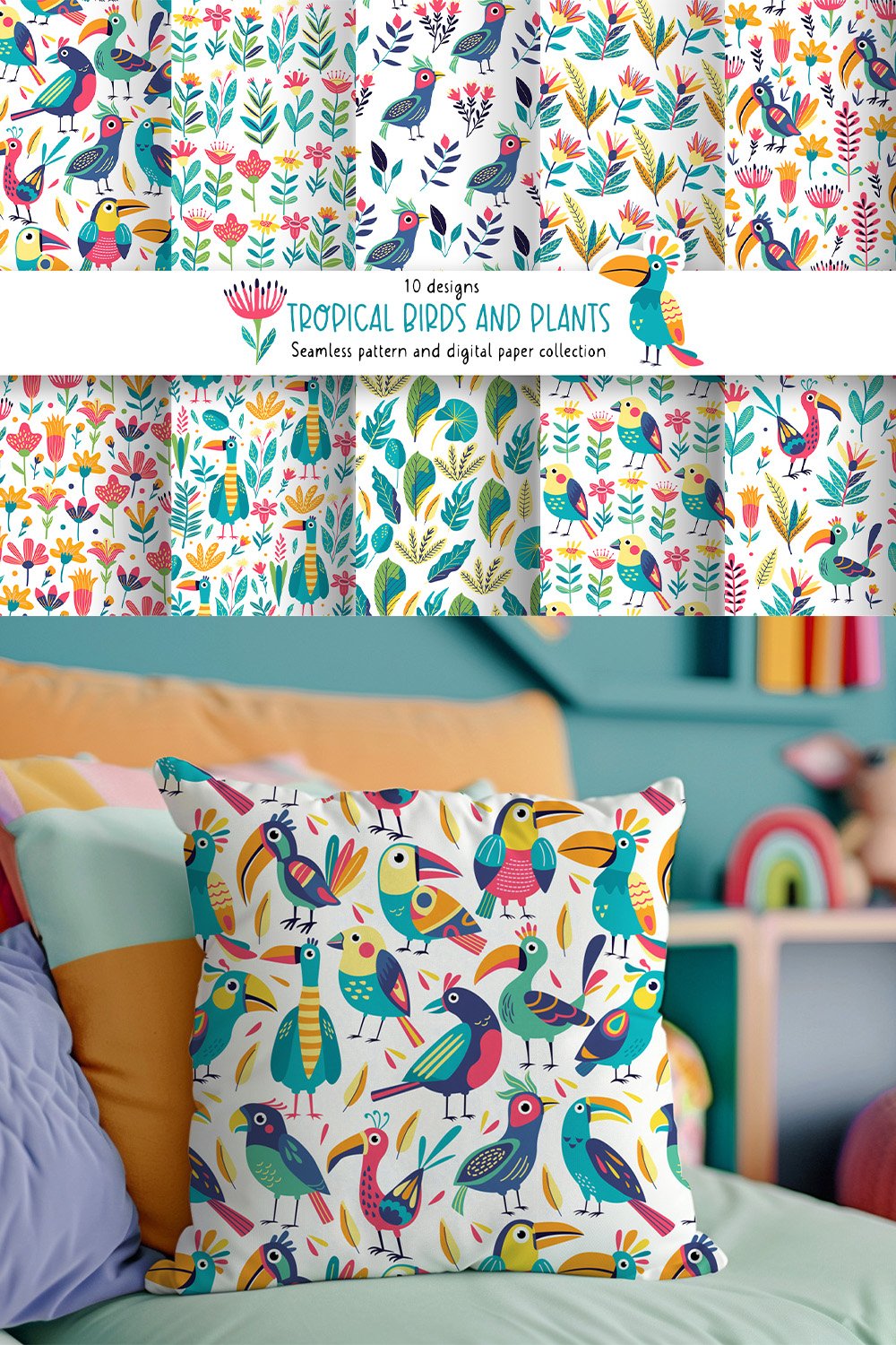 Tropical Birds and Flowers Digital Paper and Pattern Set