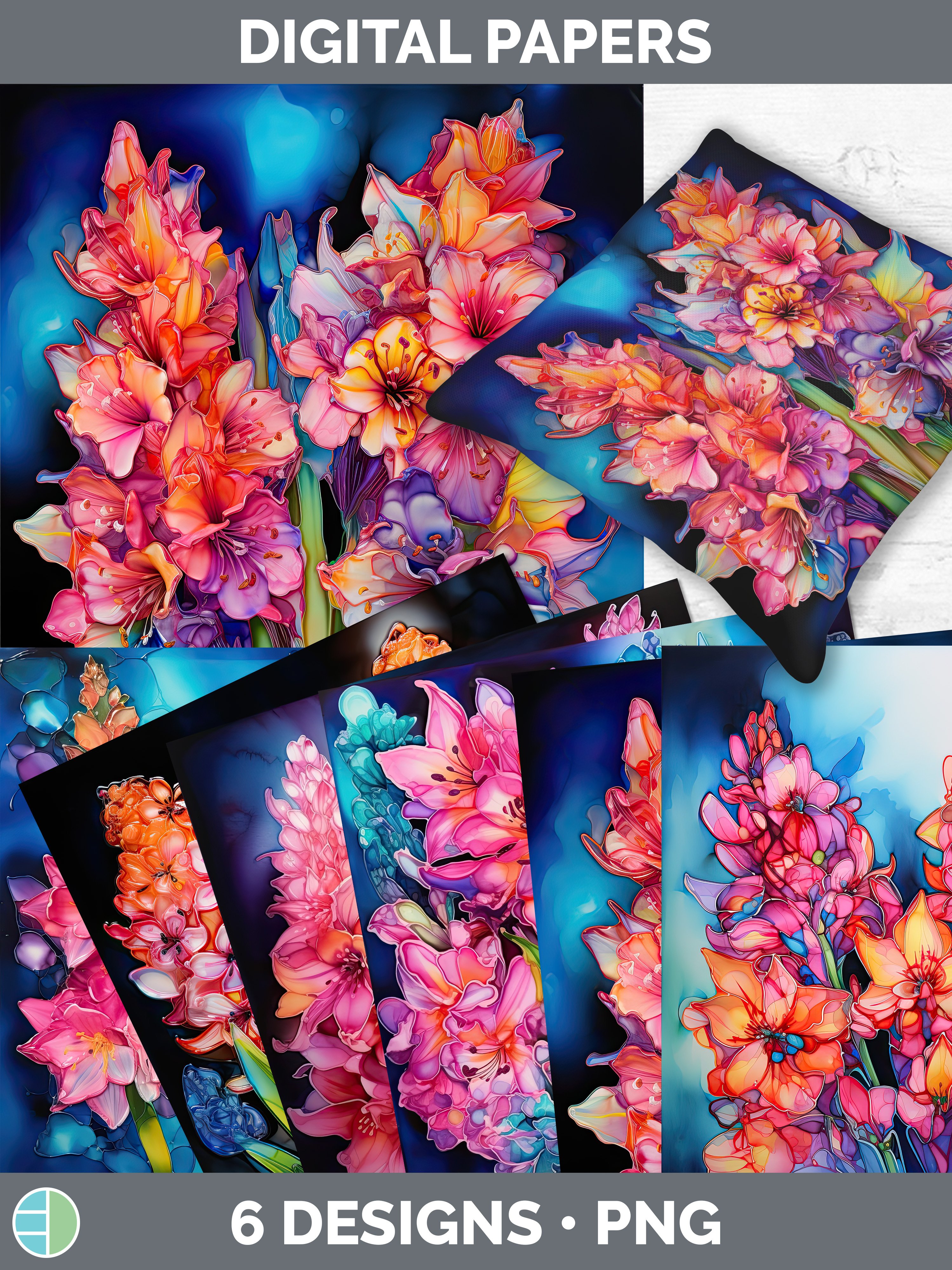 Neon Hyacinth Flowers Paper Backgrounds | Bundle Digital Scr
