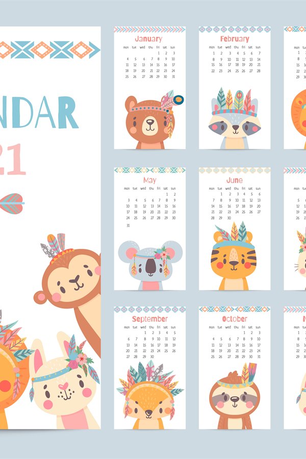 Tribal animal calendar. Monthly 2021 calendar with cute fore