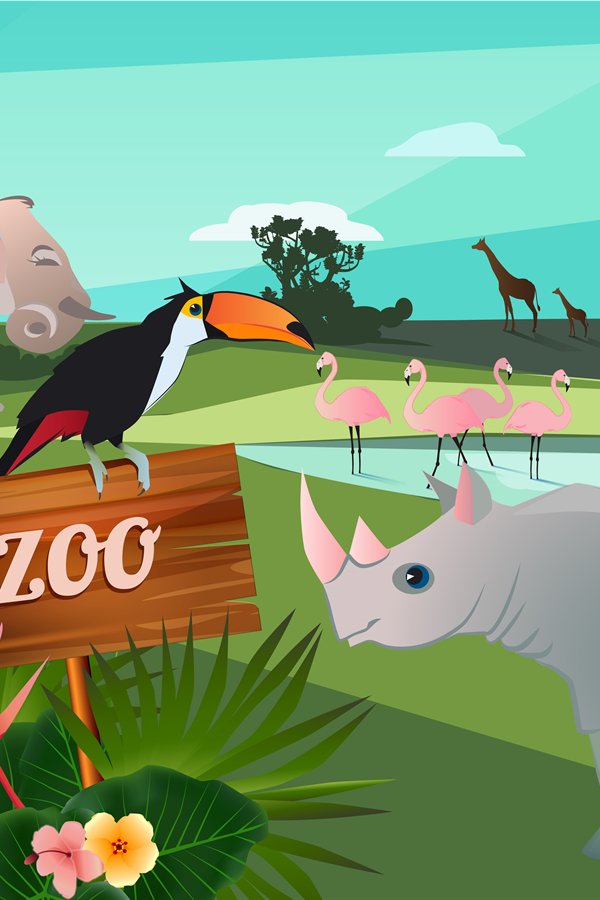 Cartoon illustration of wild animals in zoo. Funny vector ch