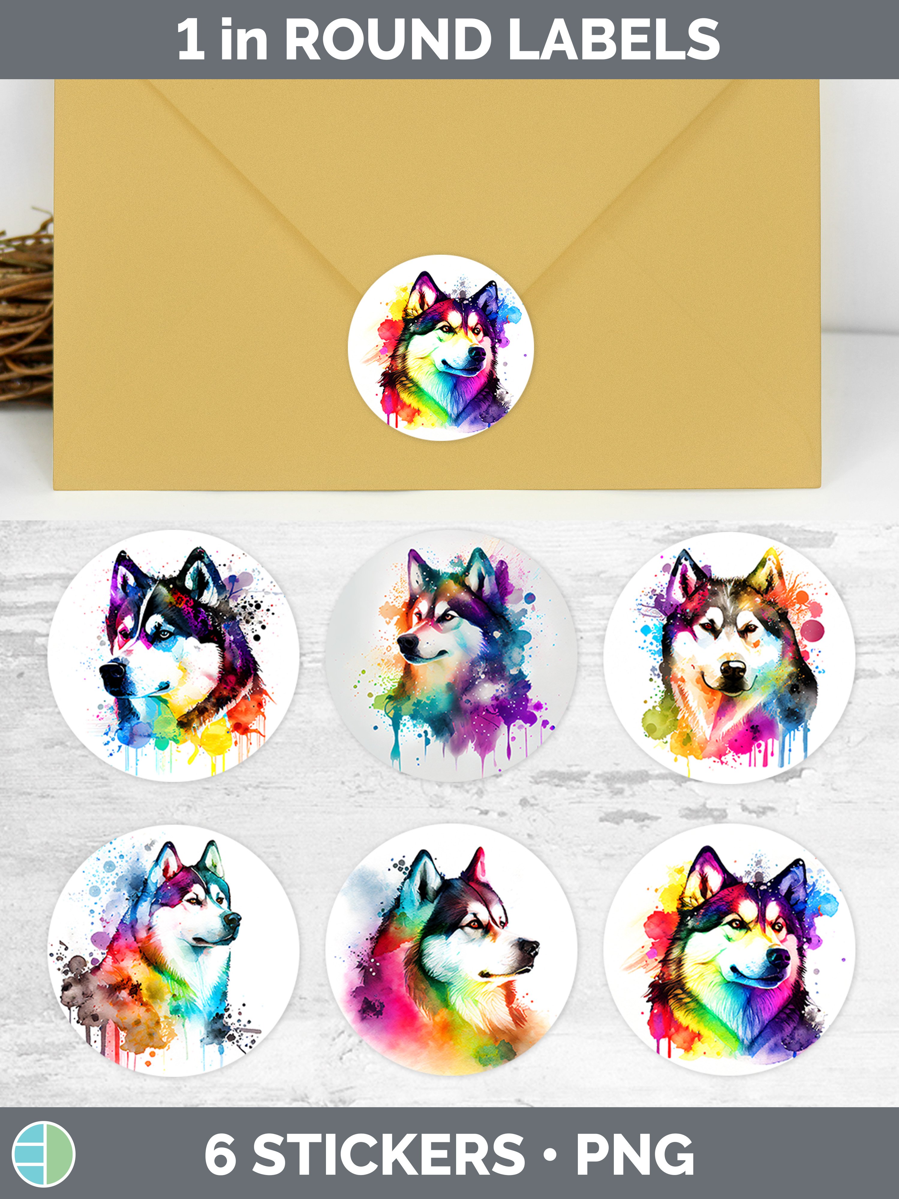 Rainbow Husky Dog Stickers | Round Labels Designs Bundle