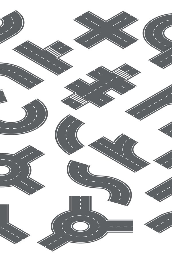 Road isometric elements. Traffic streets, auto roads and hig