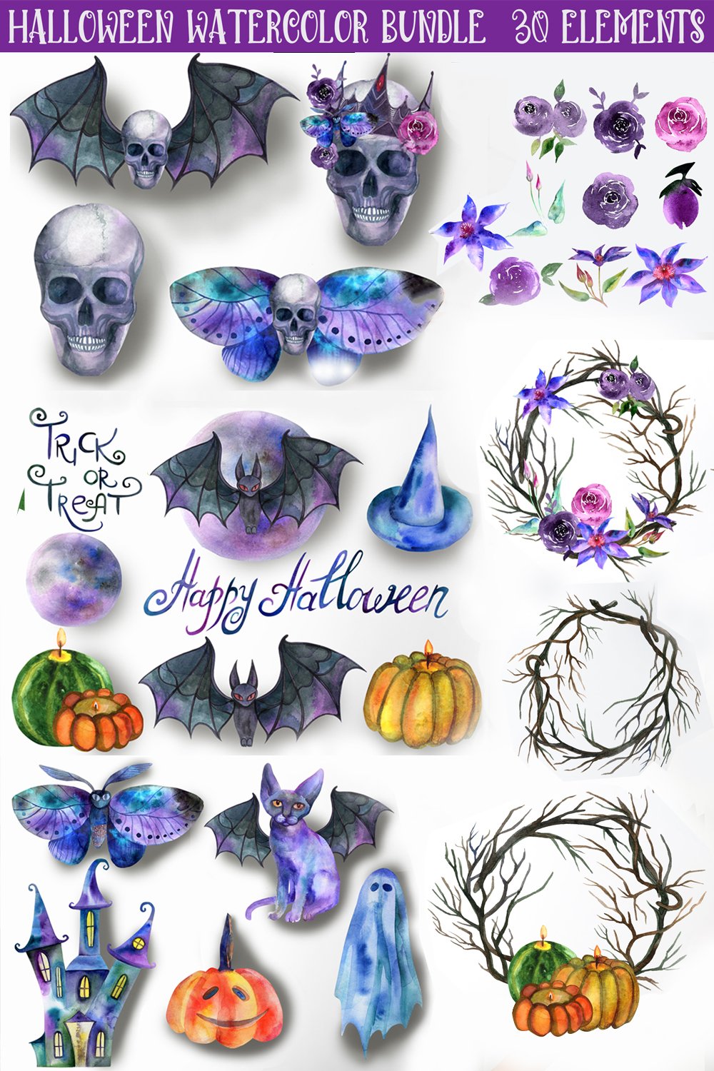 Halloween bundle. Watercolor clipart. 30 elements. PNG. JPG