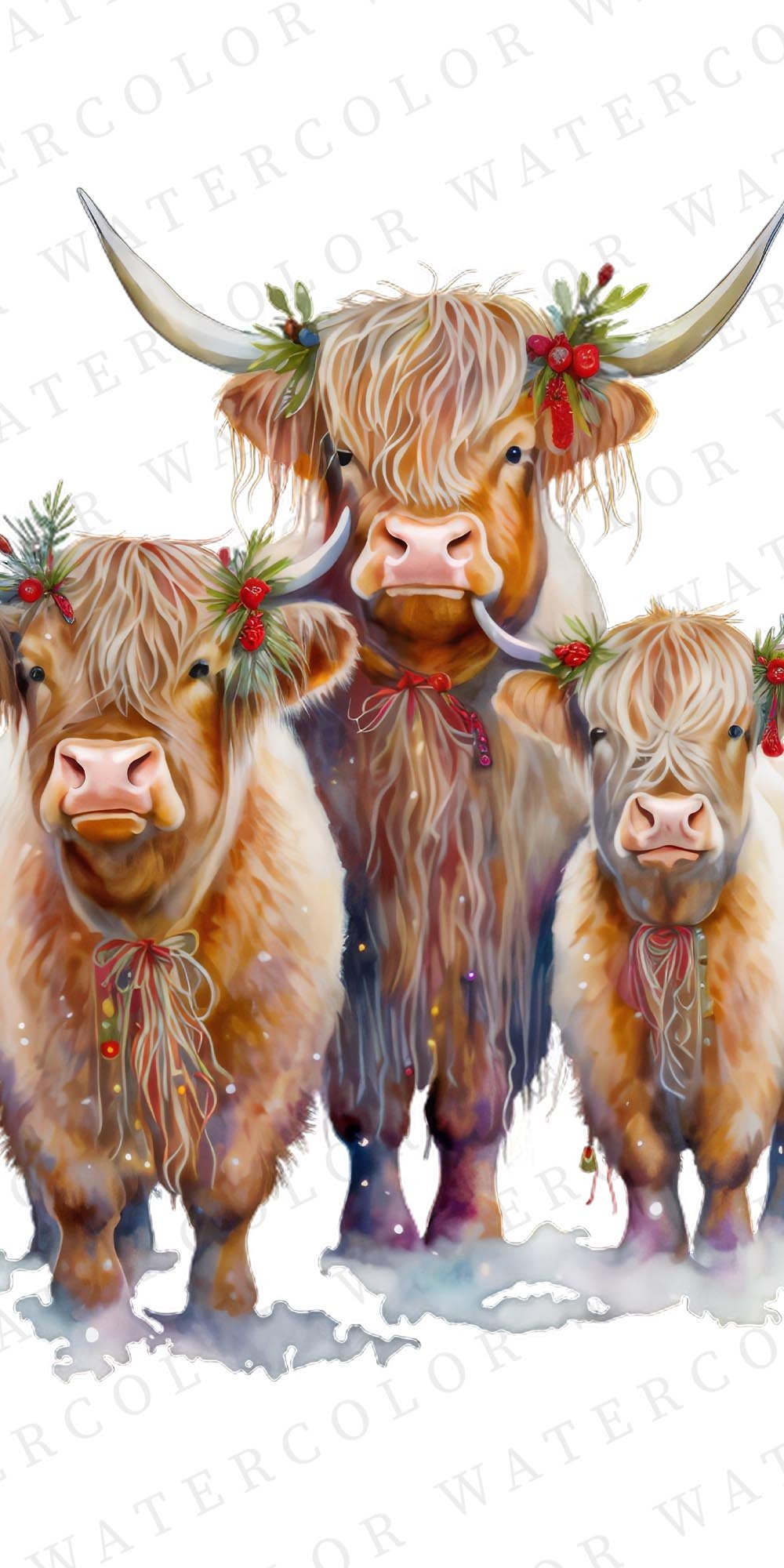 3 Highland cow clipart, Christmas, Watercolor clipart