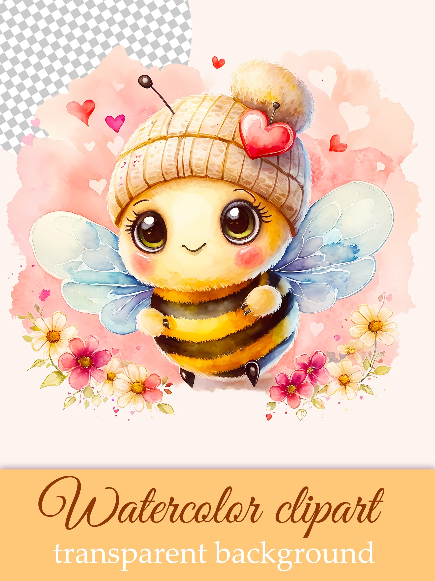 Watercolor Spring Bee Clipart, Bee watercolor painting, PNG,
